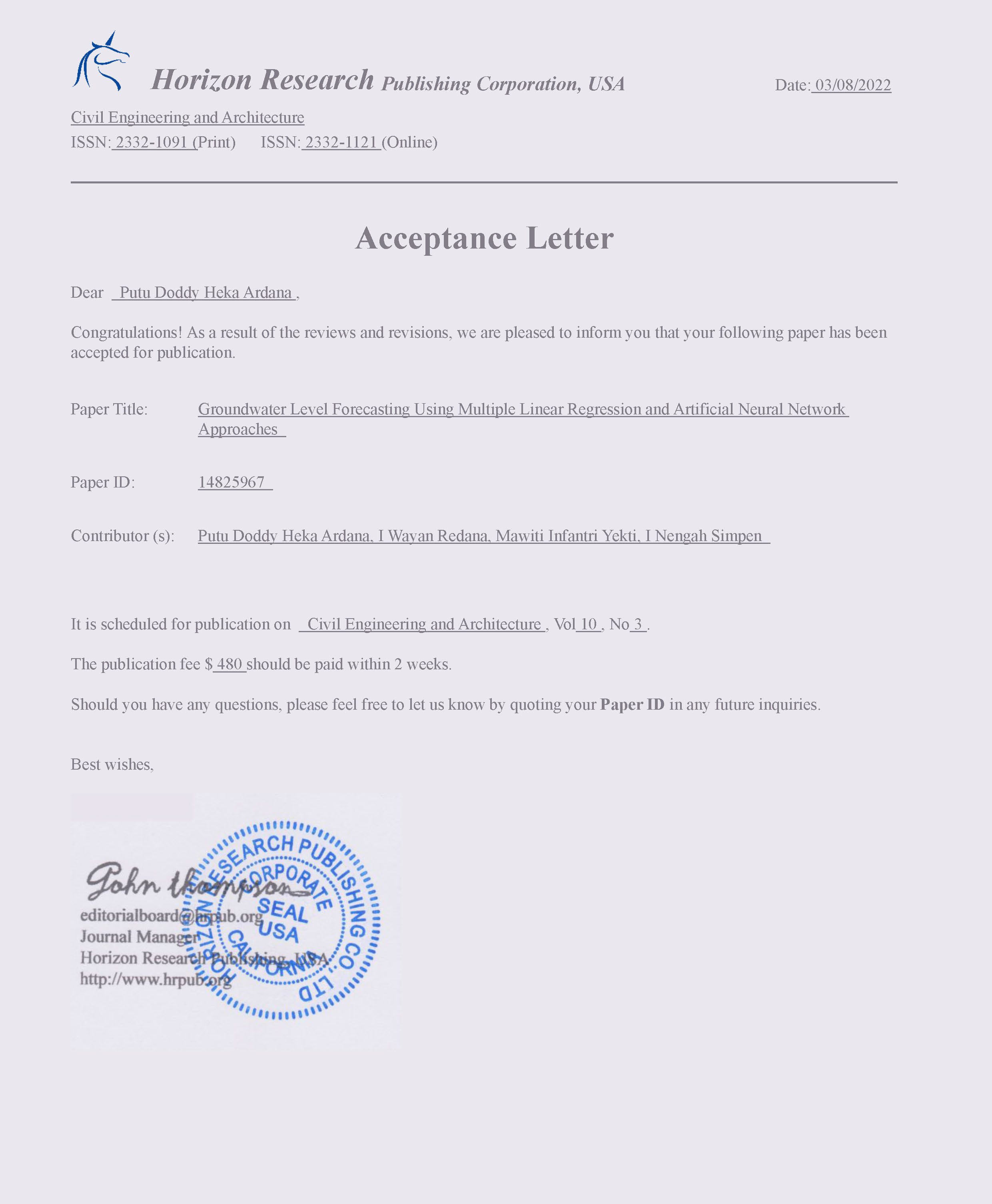 Groundwater Level Forecasting Using Multiple Linear Regression and Artificial Neural Network ...